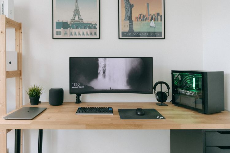 Curved Ultrawide Monitor With Wooden Desk | Desk Setups